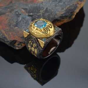 Blue Topaz Large Man Ring, Man Ring Gold,family Ring ,vintage Ring ...
