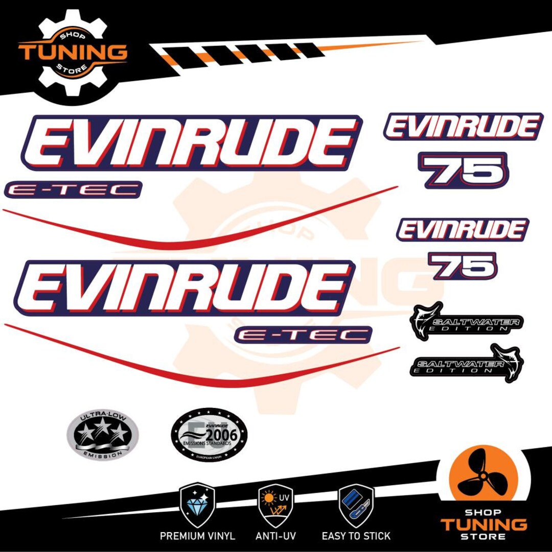 Sticker Kit Compatible With EVINRUDE E-TEC 75 HP Outboard Marine Engine ...