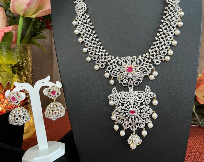 AD Dimond Finish Designer Ruby Stone Haram /long Haram Detachable ...