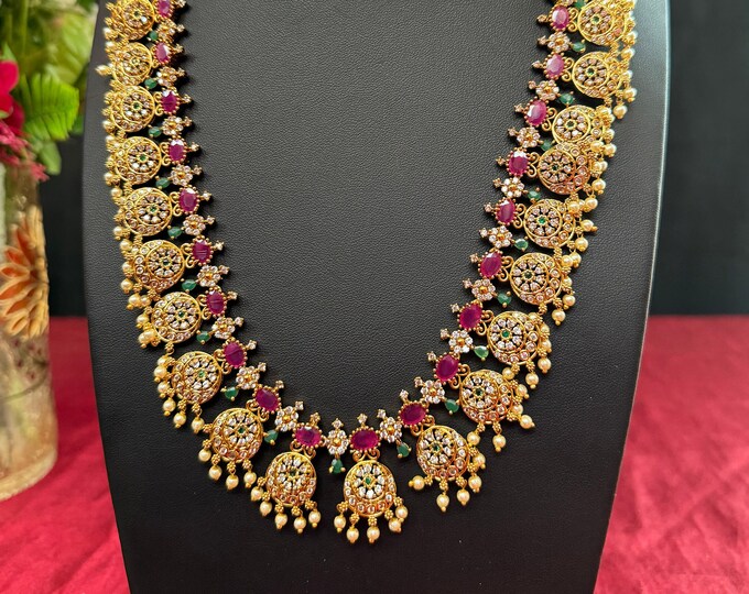 Ruby Pink Emerald Stone Haram With Matching Earring /antique Gold ...