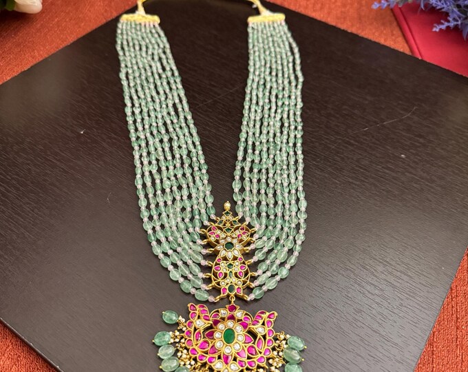 Jadau Kundan Rani Haram Mint Green and Pink Beads 9 Lines Each Side /gold Finish/only One Haram ...