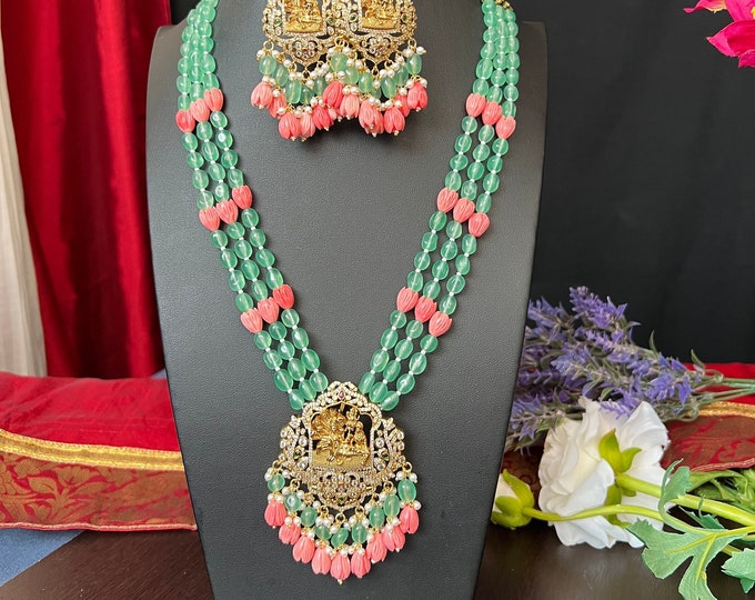 Lord Brahma Vishnu Lakshmi Pendent/tulip Coral Beads With Mint Green ...