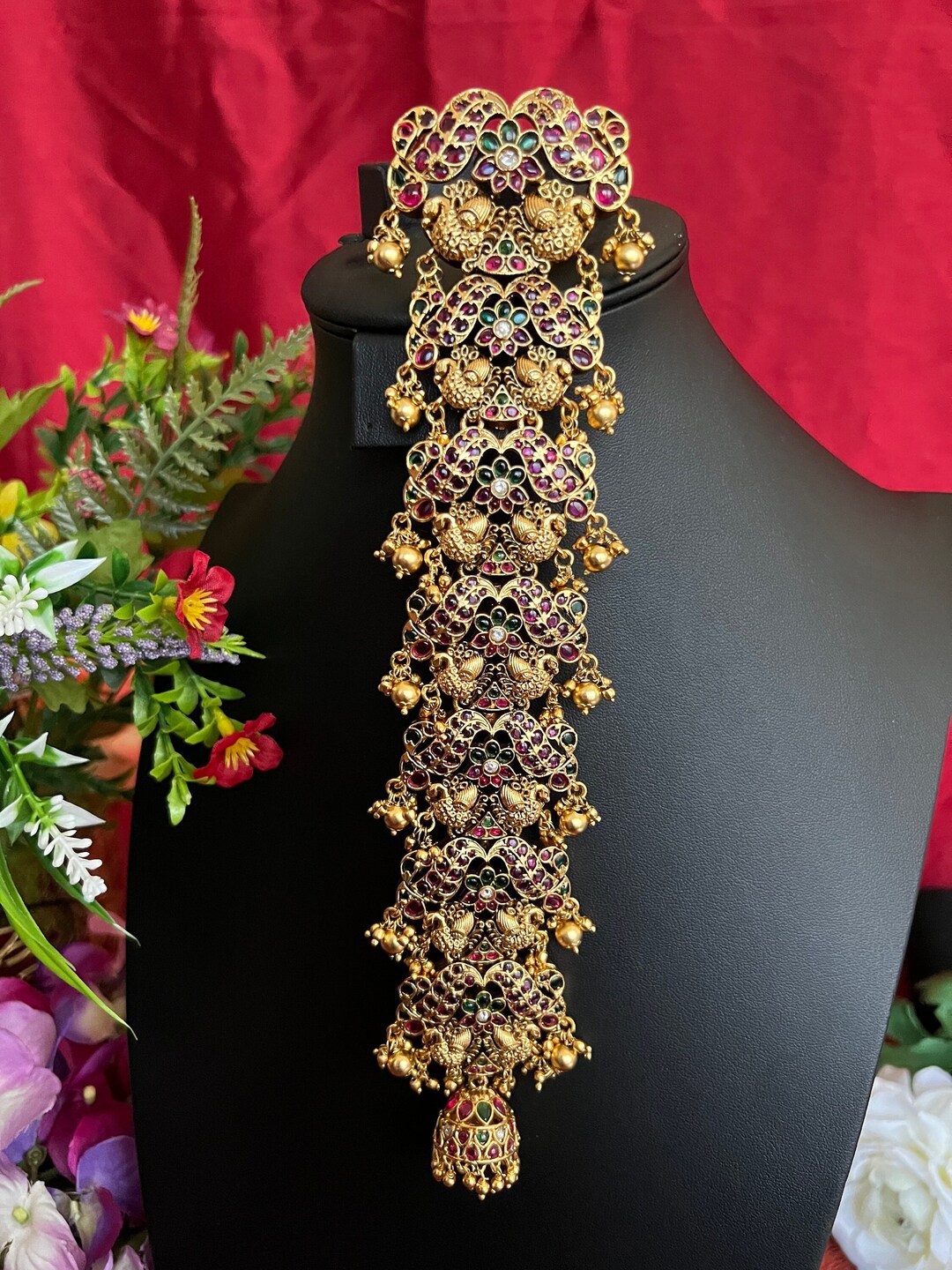 Ruby Pink Peacock Jada Billa /only One Antique Gold Finish/9 Inches ...