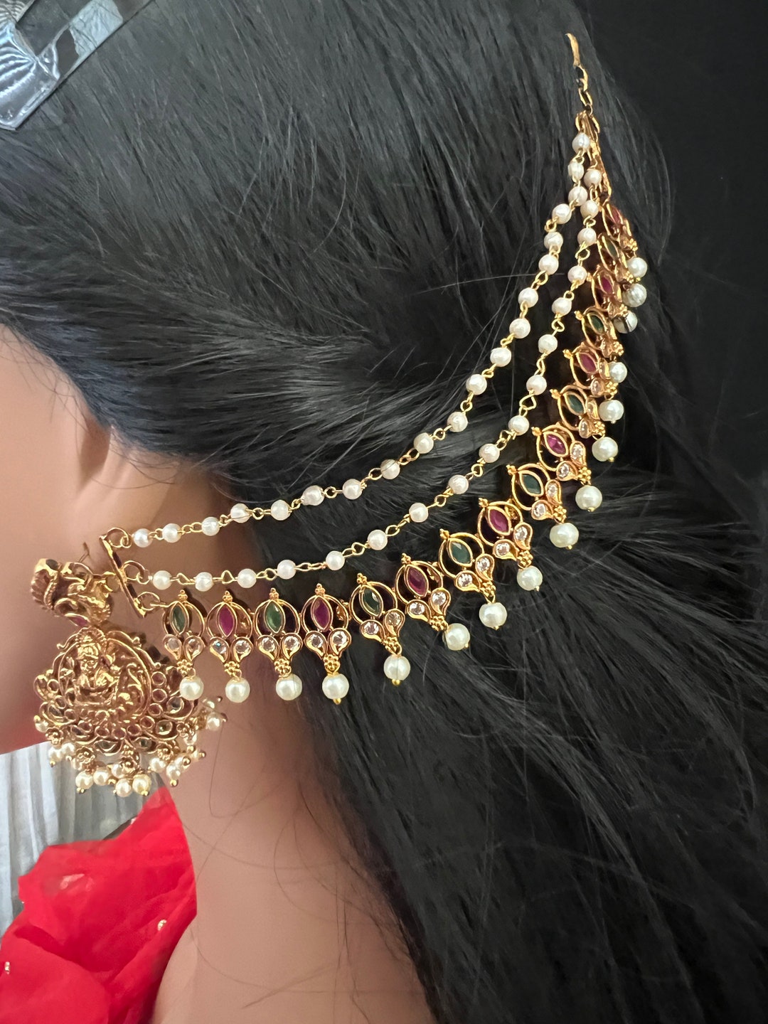 Antique Gold Finish /ear Chain With Red and Green CZ Stones Pearl ...
