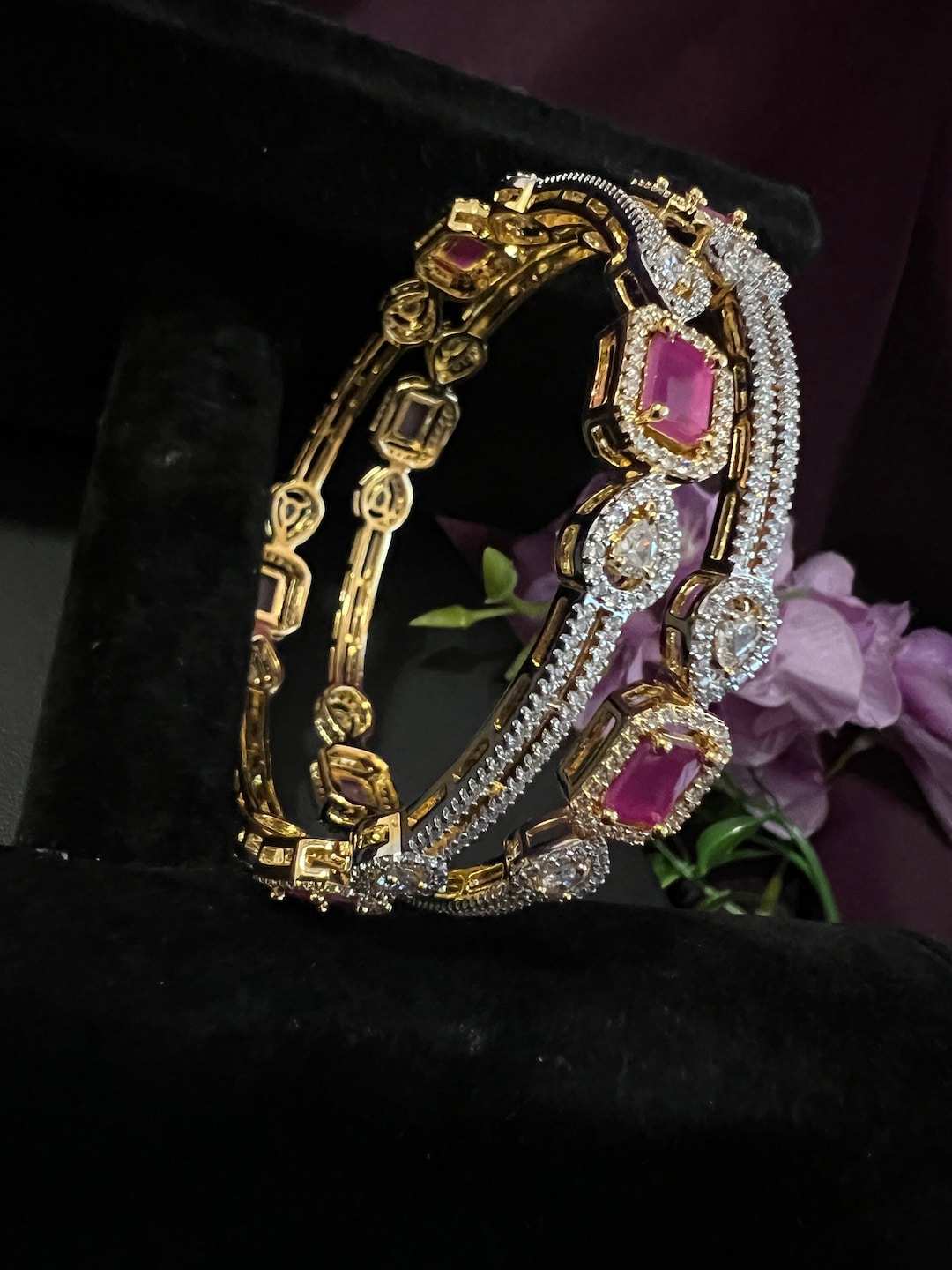 Ruby Pink AD Stones Bangles Set off 2/ Light Weight Gold Finish Ruby ...