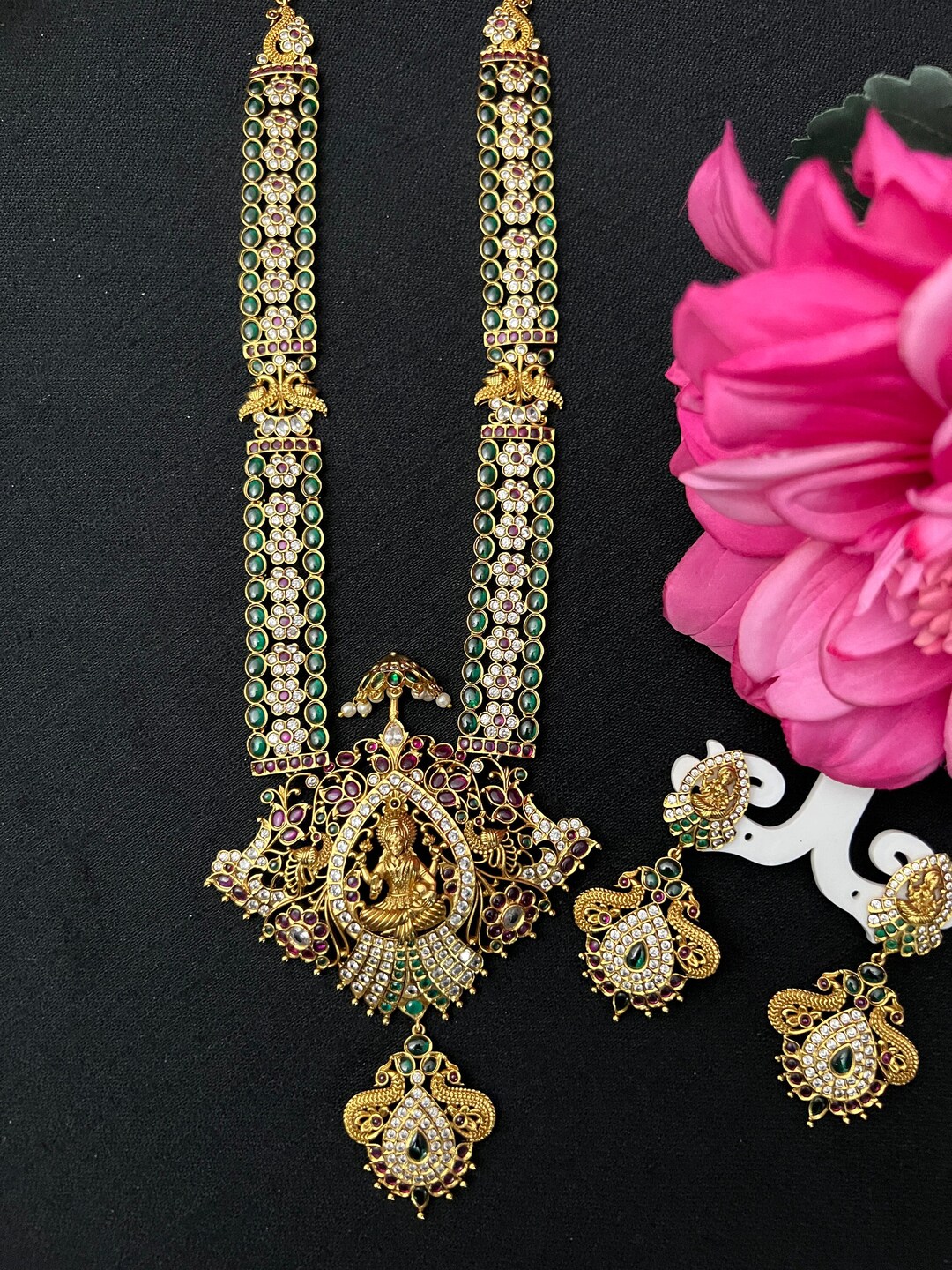 Goddess Lakshmi/jadau Kemp Emerald Long Haram/antique Gold Finish ...