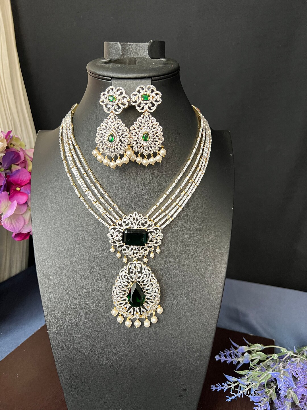 AD Doublet Green Emerald Stone/ AD Diamond Finish Mid Size Haram Set ...