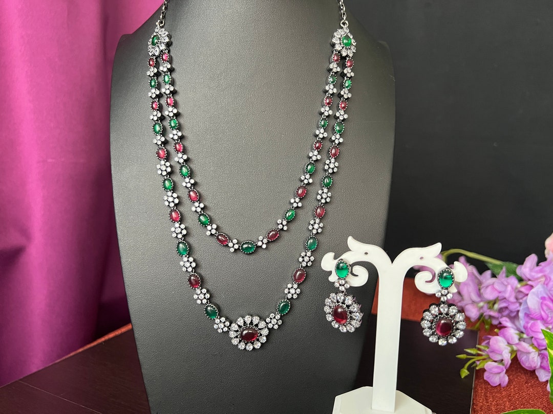 Victorian Haram Necklace Set: Black Finish, Emerald Kemp, Maroon - Etsy