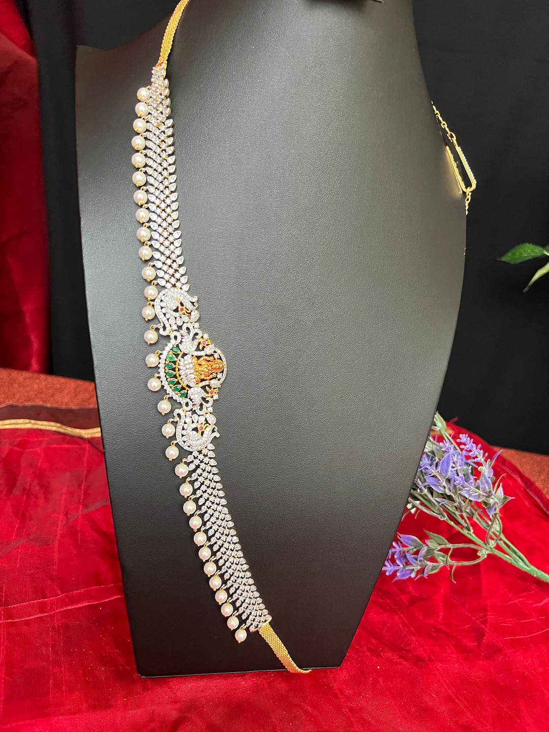 Lakshmi Saree Belt Hip Chain: AD Green Stone, Diamond Finish - Etsy