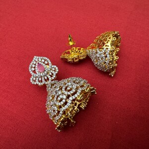 Ruby Pink AD Dimond Finish /2.1 Long Wide 1.inch Jhumka Earring/gold Finish/ruby AD Stones/south ...