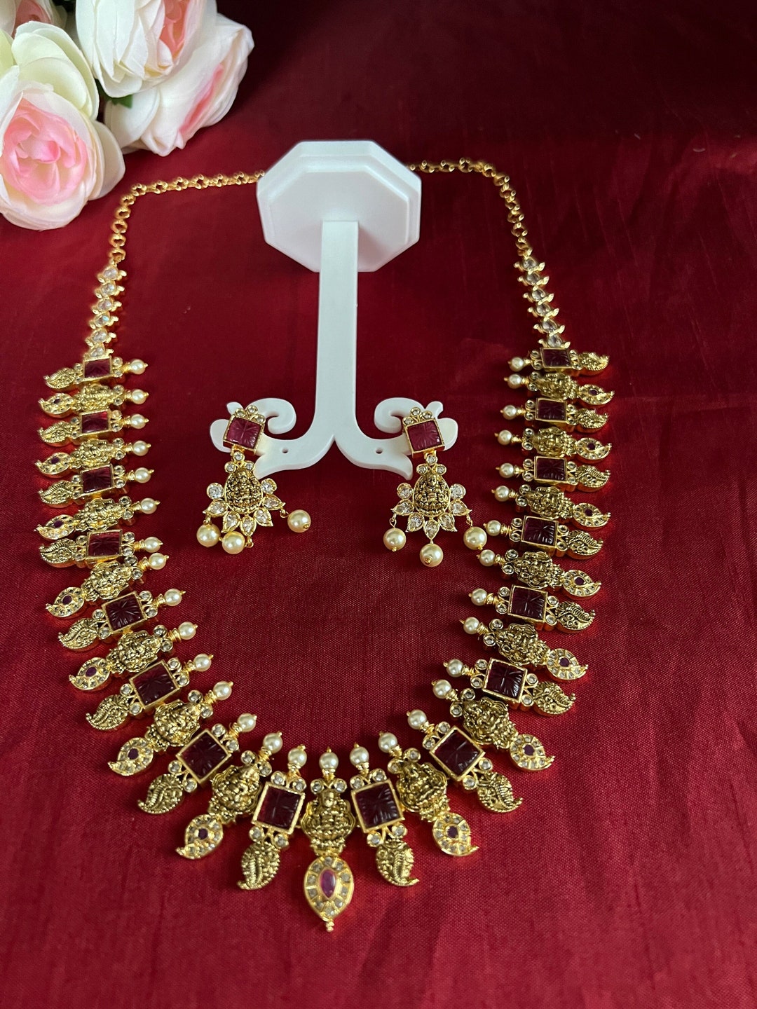 Red Ruby Carved Stones/ Gold Finish /premium Quality Long Haram Earring ...