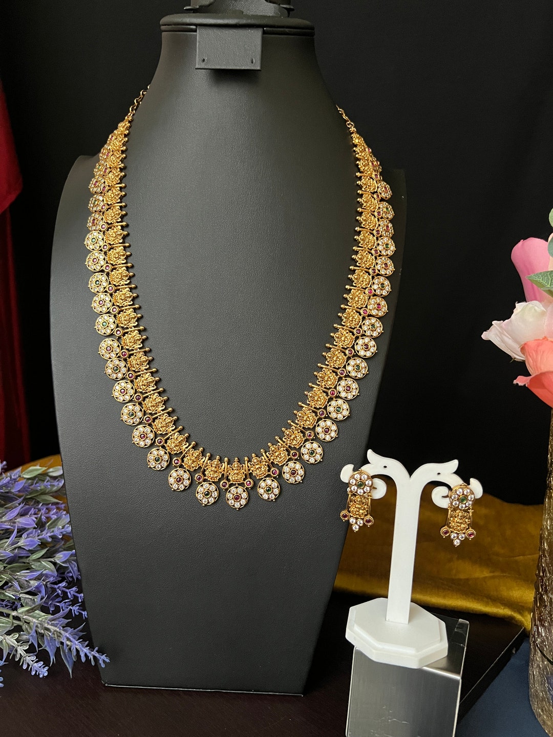 Goddess Lakshmi Coin Haram/bouttu Mala With Earrings/antique Gold ...