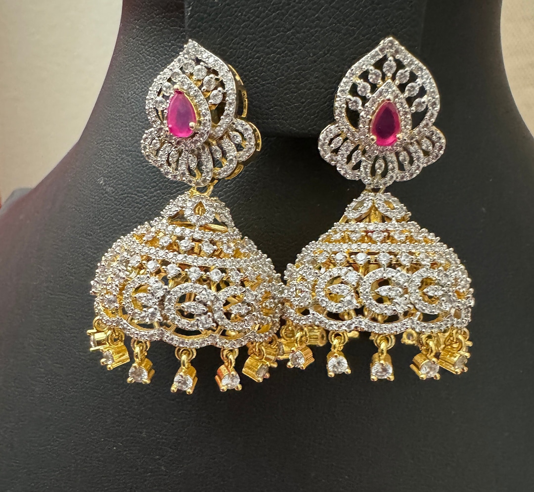 Ruby Pink AD Dimond Finish /2.1 Long Wide 1.inch Jhumka Earring/gold Finish/ruby AD Stones/south ...