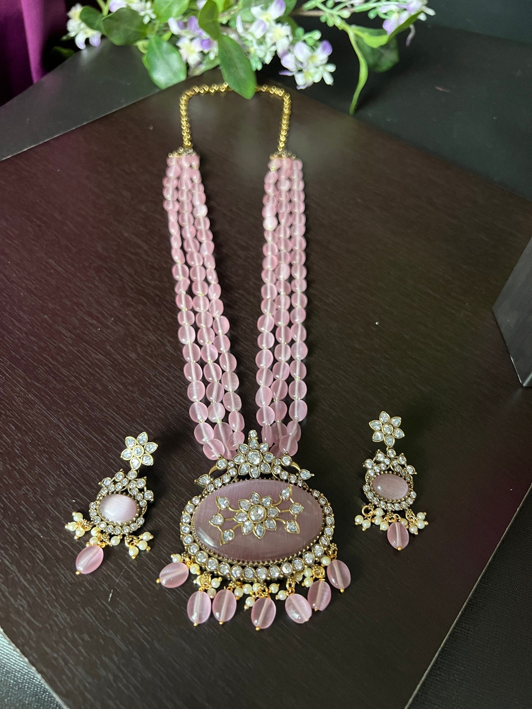 Pink Beads Haram Victorian Mehendi Finish/hand Made Haram Pendant ...