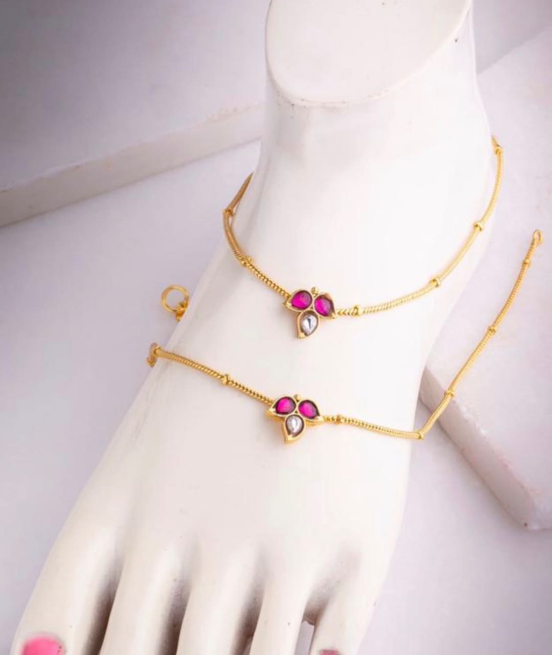 Jadau Ruby Pink Kundan 2 Anklets Design Pattilu Gold Finish /thin ...
