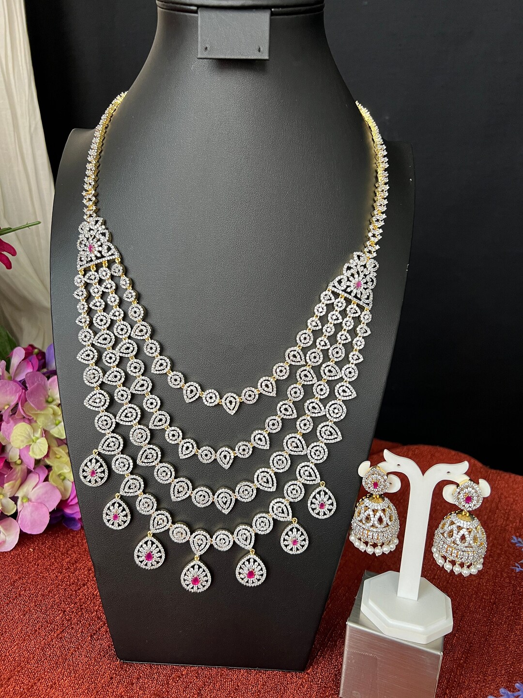 Multi Layer Long Haram 33.inches AD Stone Dimond Finish/ruby Pink /4 ...