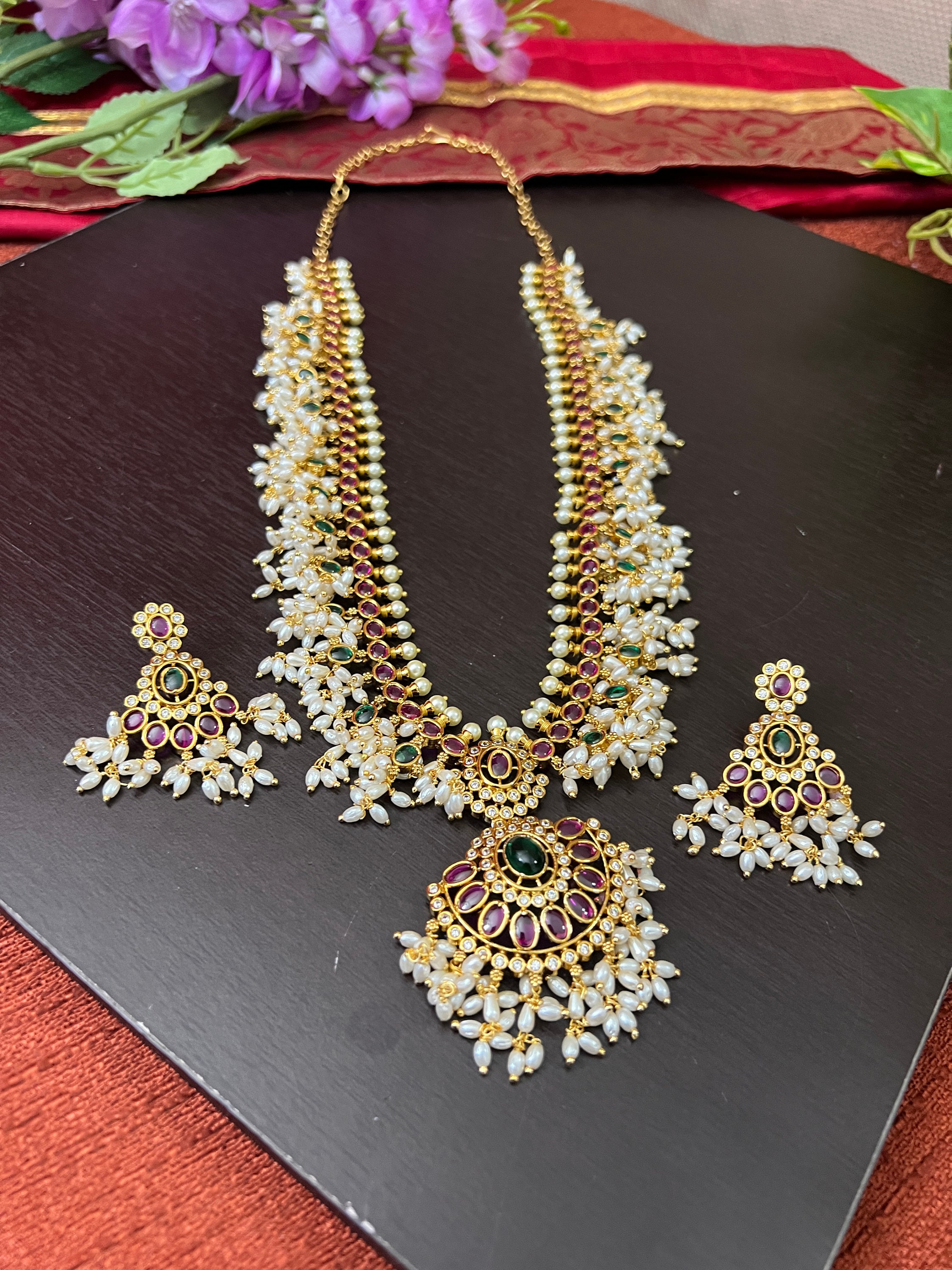 Guttapusalu Haram Rice Pearls Long Haram ruby Kemp Traditional Trendy Haram 29.0 Inches antique Gold Finish bridal Haram matching Earrings Etsy