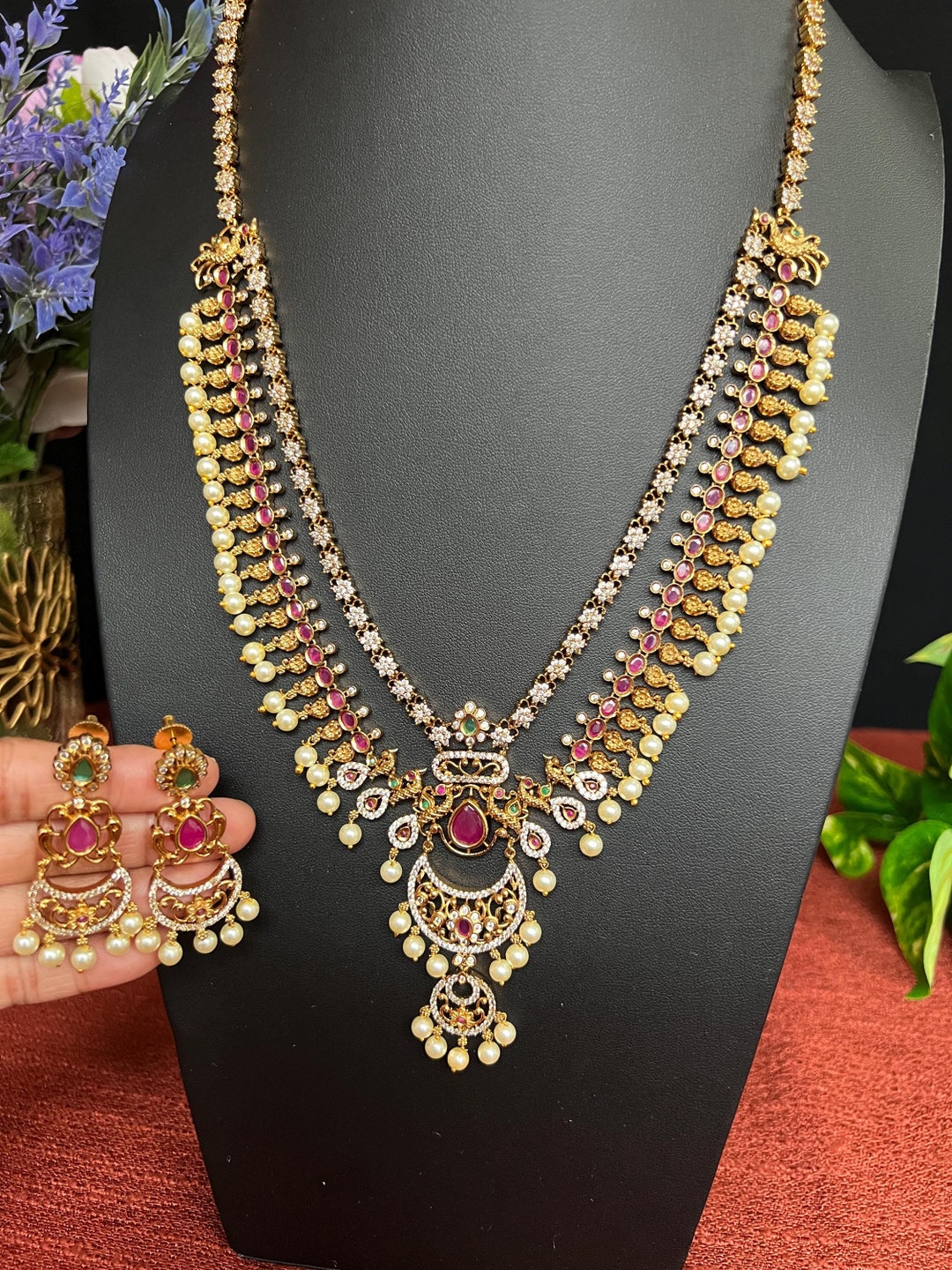 Goddess Lakshmi Coin/ruby Pink CZ Emerald Stone Haram 30inch Long ...