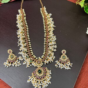 Guttapusalu Haram Rice Pearls Long Haram/ruby Kemp Traditional Trendy ...