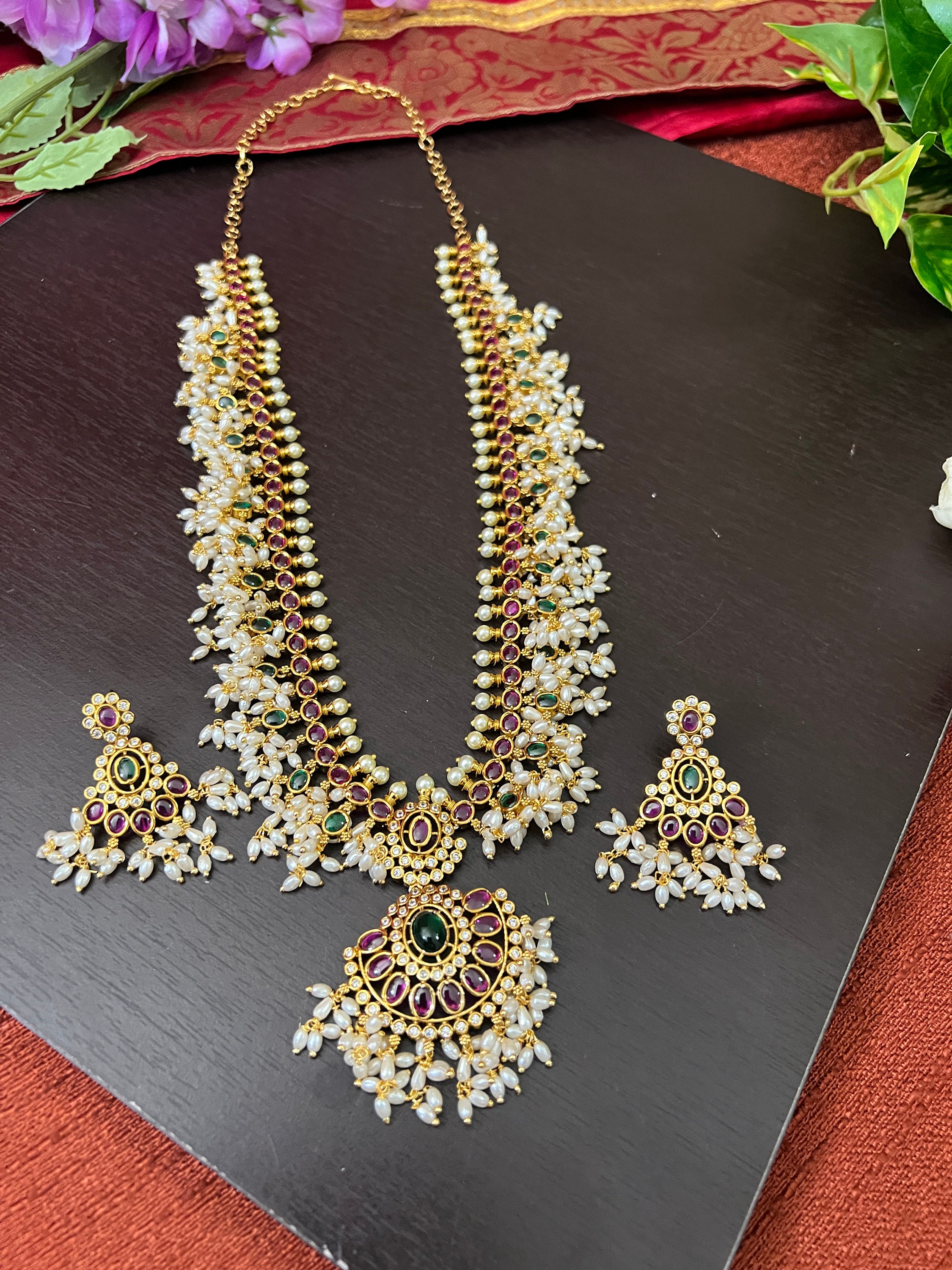 Guttapusalu Haram Rice Pearls Long Haram ruby Kemp Traditional Trendy Haram 29.0 Inches antique Gold Finish bridal Haram matching Earrings Etsy