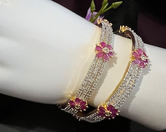 Emerald Green AD Stones Bangles Set off 2/ Light Weight Gold Finish Bangles / South Indian ...