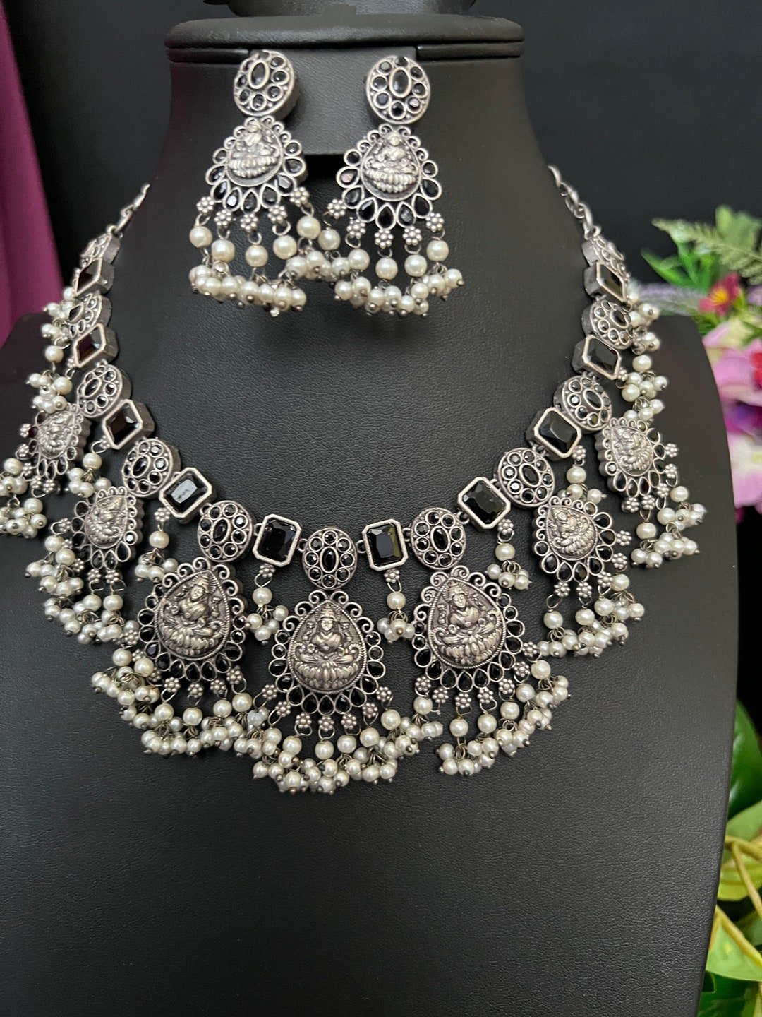 German Silver Antique Finish/mid Leanth Necklace With Matching Earring ...