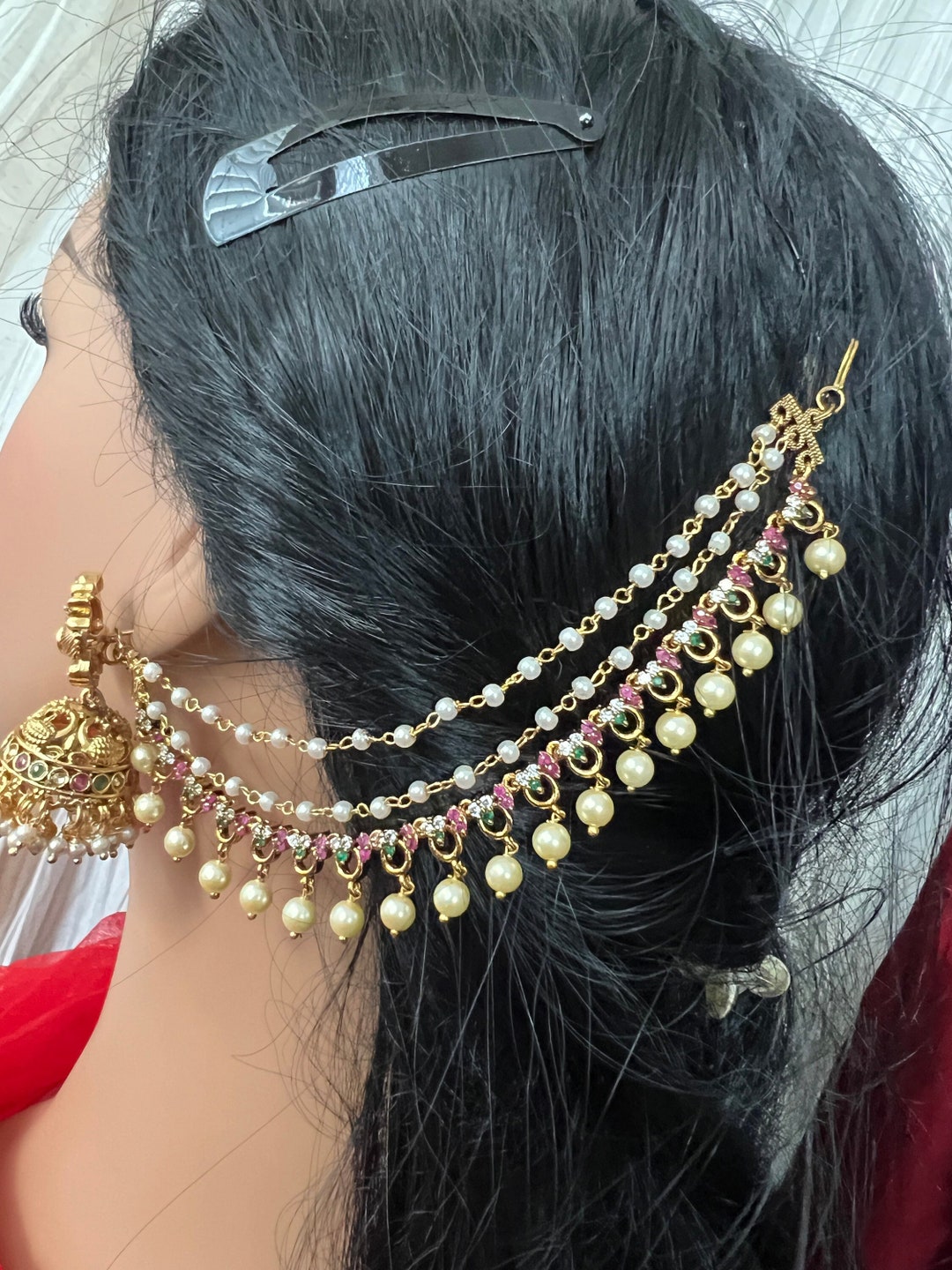 Ear Chain With Red and Green CZ Stones Pearl/matti Antique Gold Finish ...