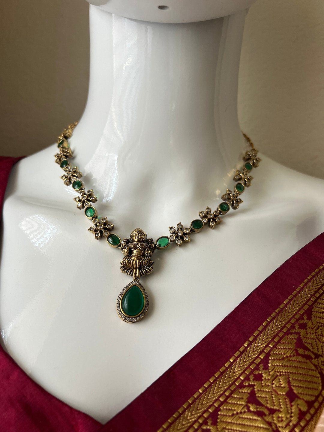 Goddess Lakshmi Green Small Neckless Set CZ Stones/brass Antique Gold ...