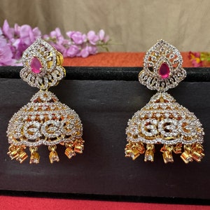 Ruby Pink AD Dimond Finish /2.1 Long Wide 1.inch Jhumka Earring/gold Finish/ruby AD Stones/south ...