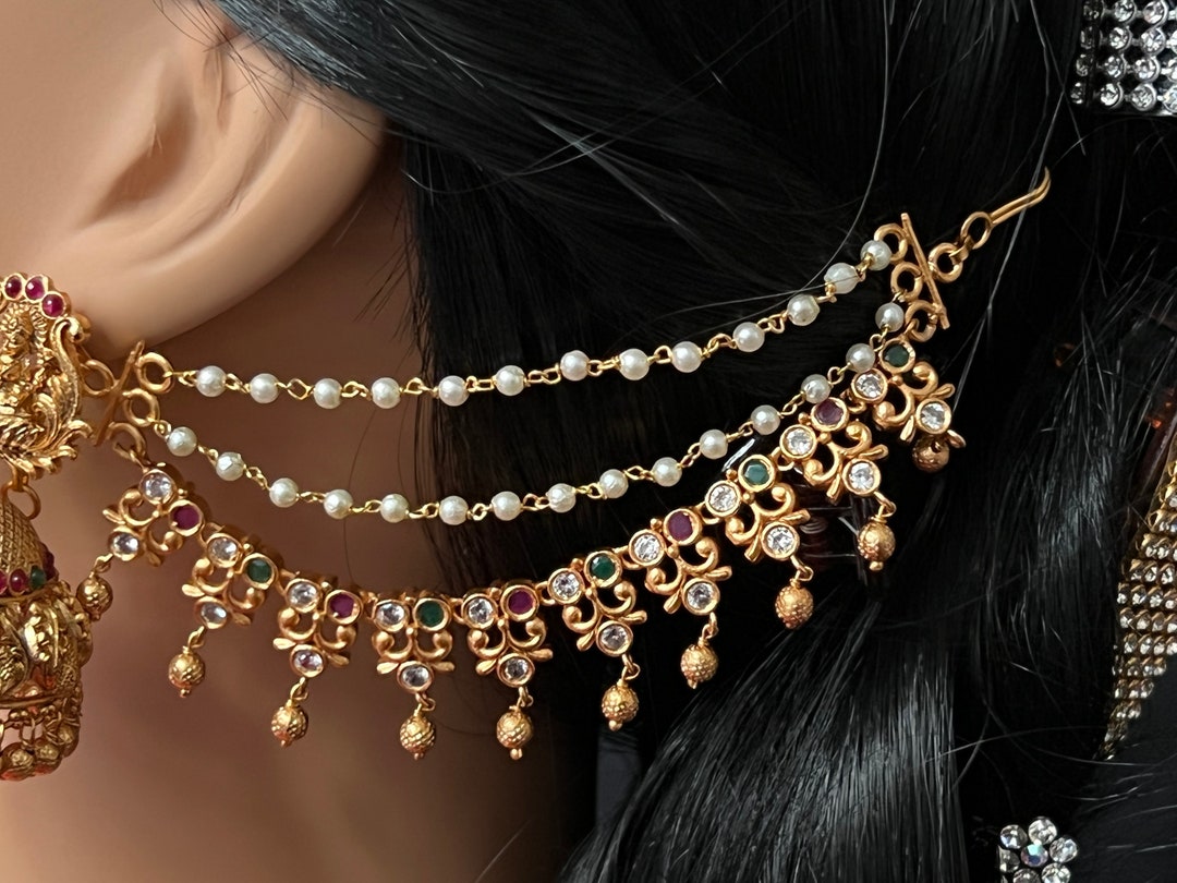 Antique Gold Finish /ear Chain With Red and Green CZ Stones Pearl /gold ...