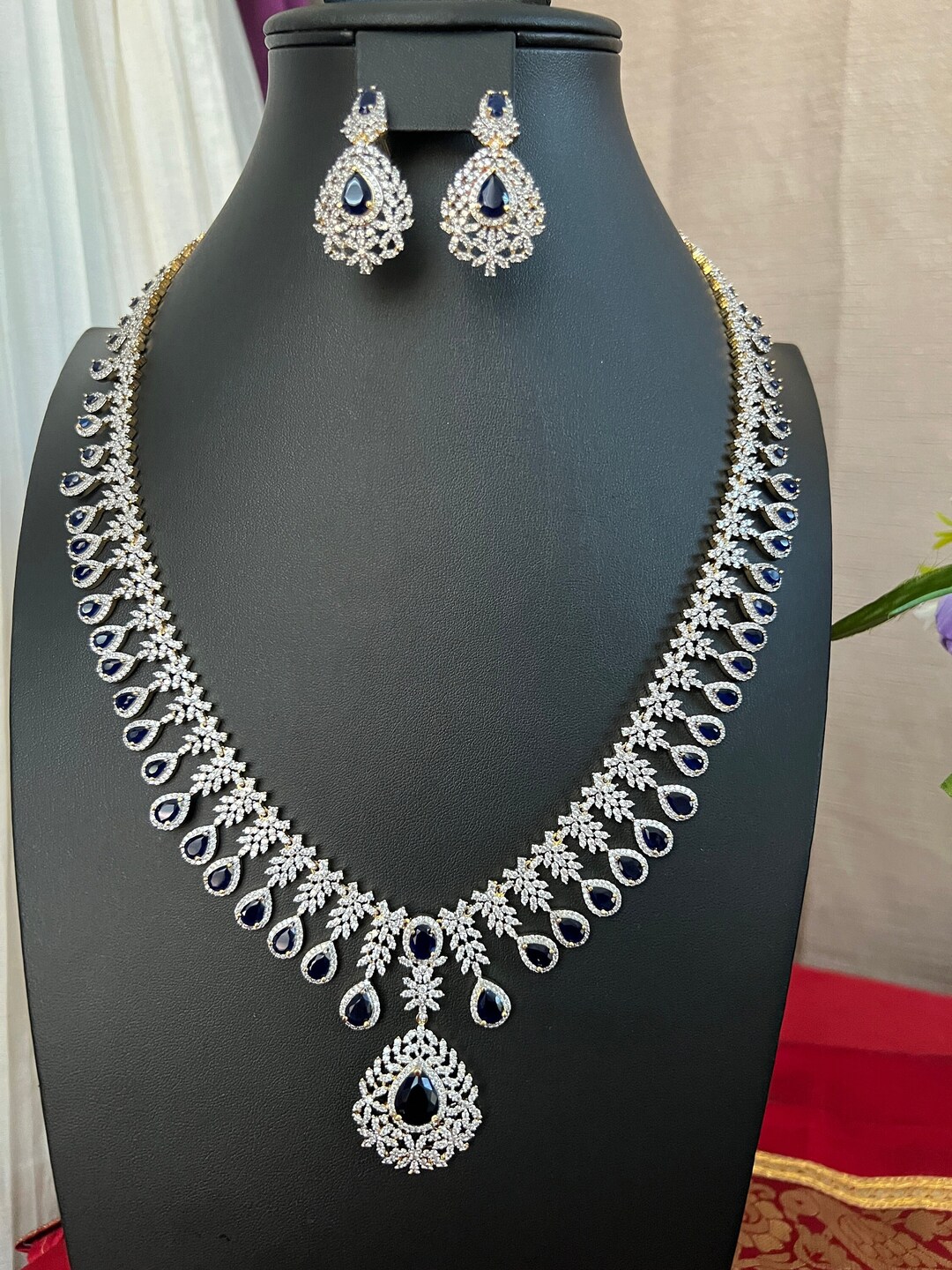 Sapphire AD Stones/ Dimond Finish/floral Designer Haram / With Earring ...