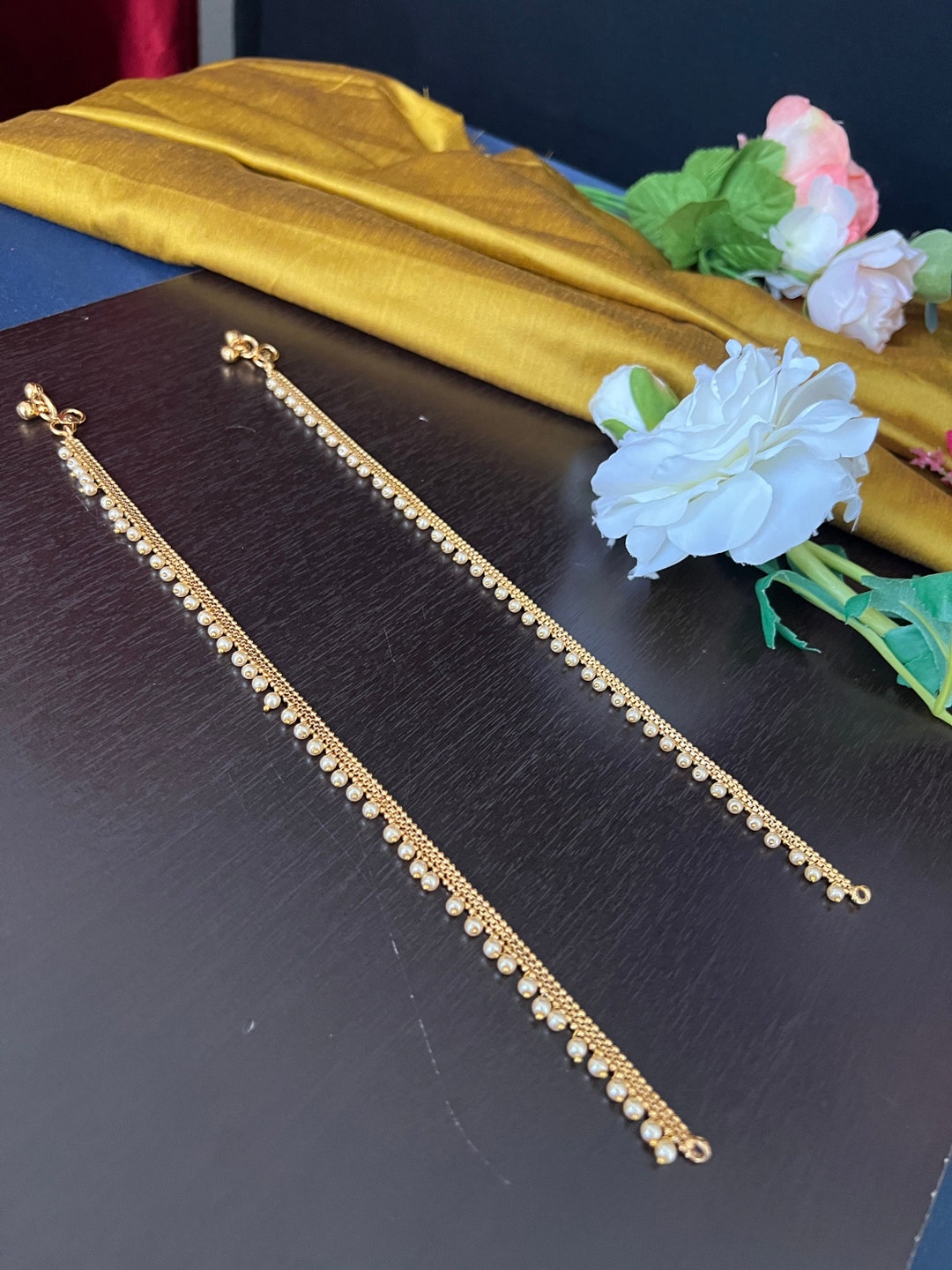 Anklets Design Pattilu Gold Finish /pearl Drop 11. Inches Long /thin ...