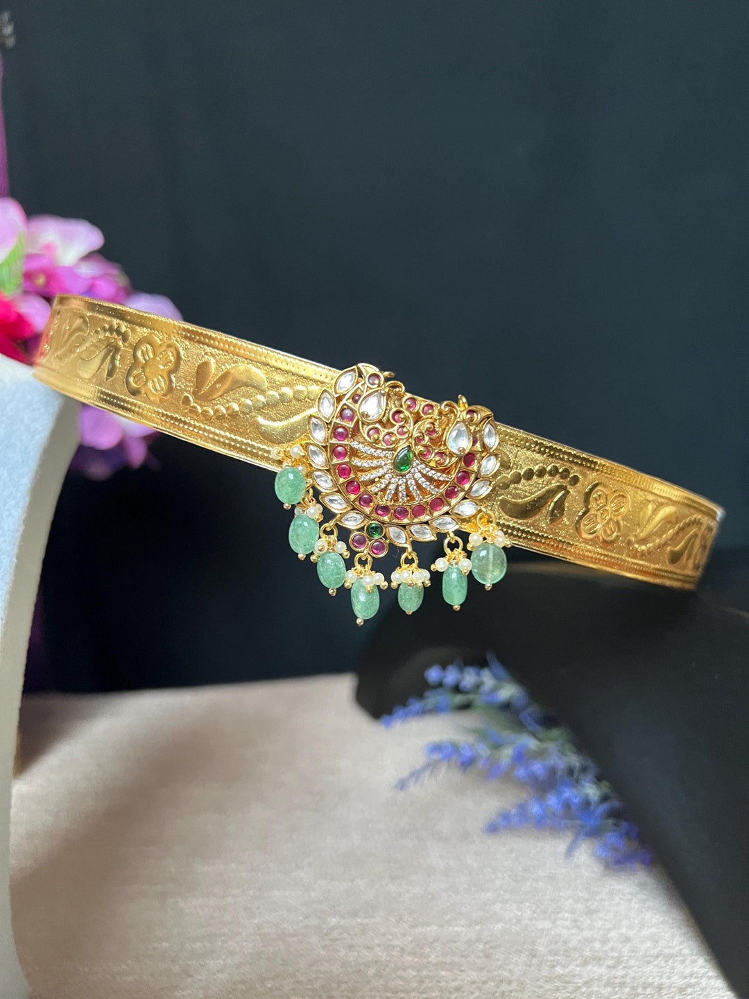 Saree Belt Ruby Green Kundan Pendant Belt/adult Saree Belt Small Thin ...