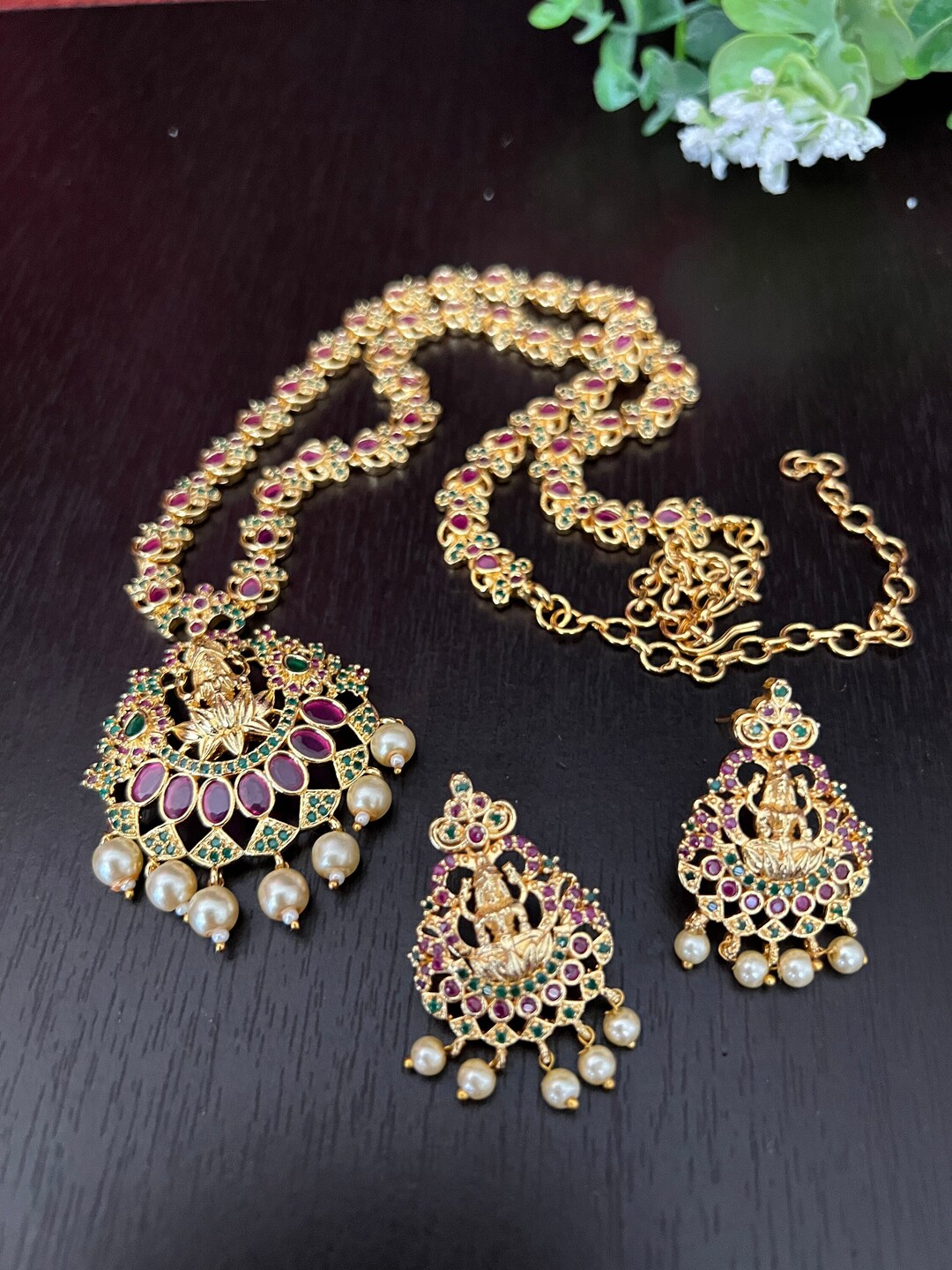 Ruby Long Haram30 Inches With Matching Earrings/ Goddess Lakshmi/yellow ...