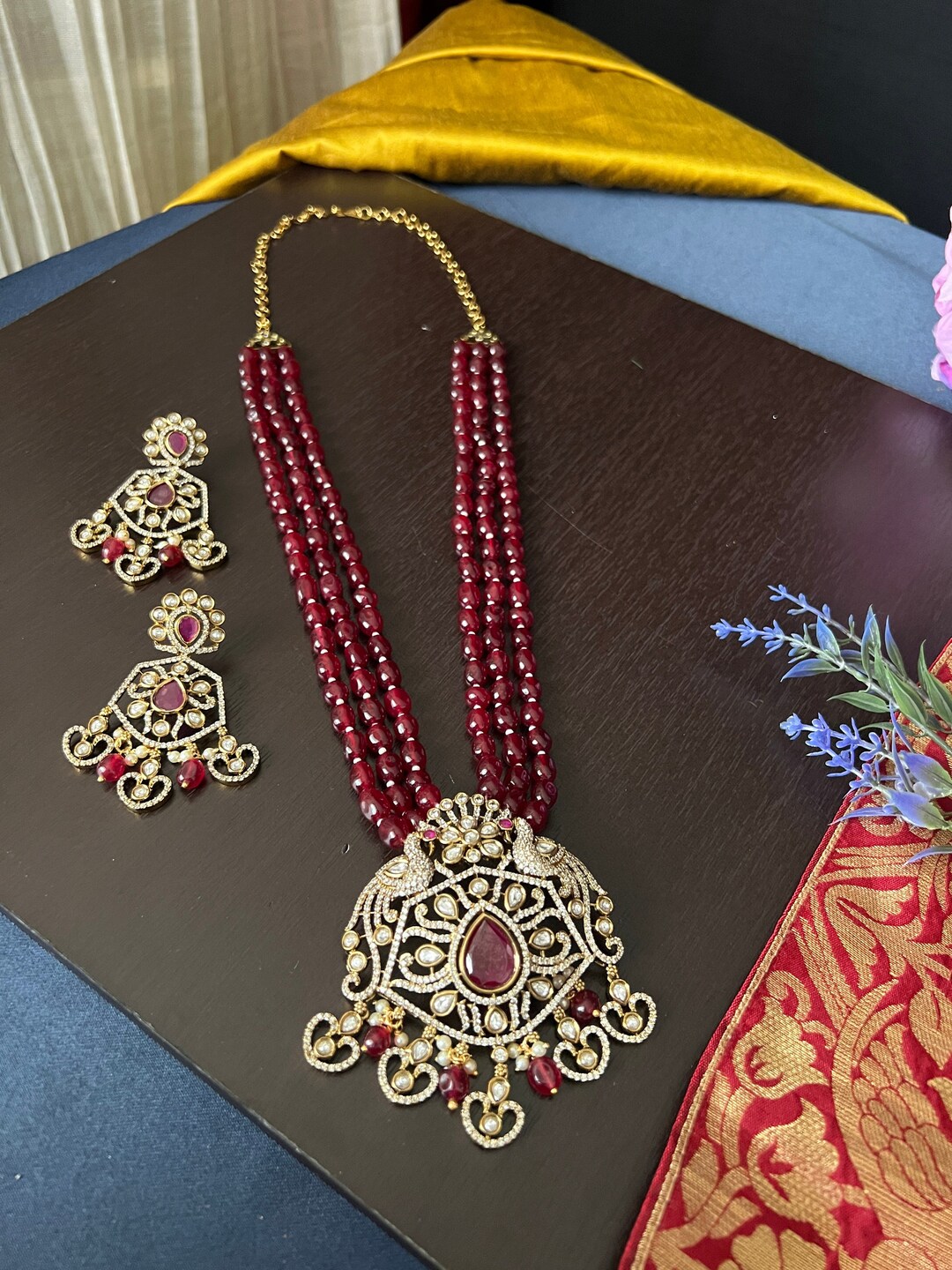 Maroon Beads/long Haram Victorian Antique Gold Finish/big Pendent Hand ...