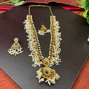 Guttapusalu Haram Rice Pearls Long Haram/ruby Kemp Traditional Trendy ...
