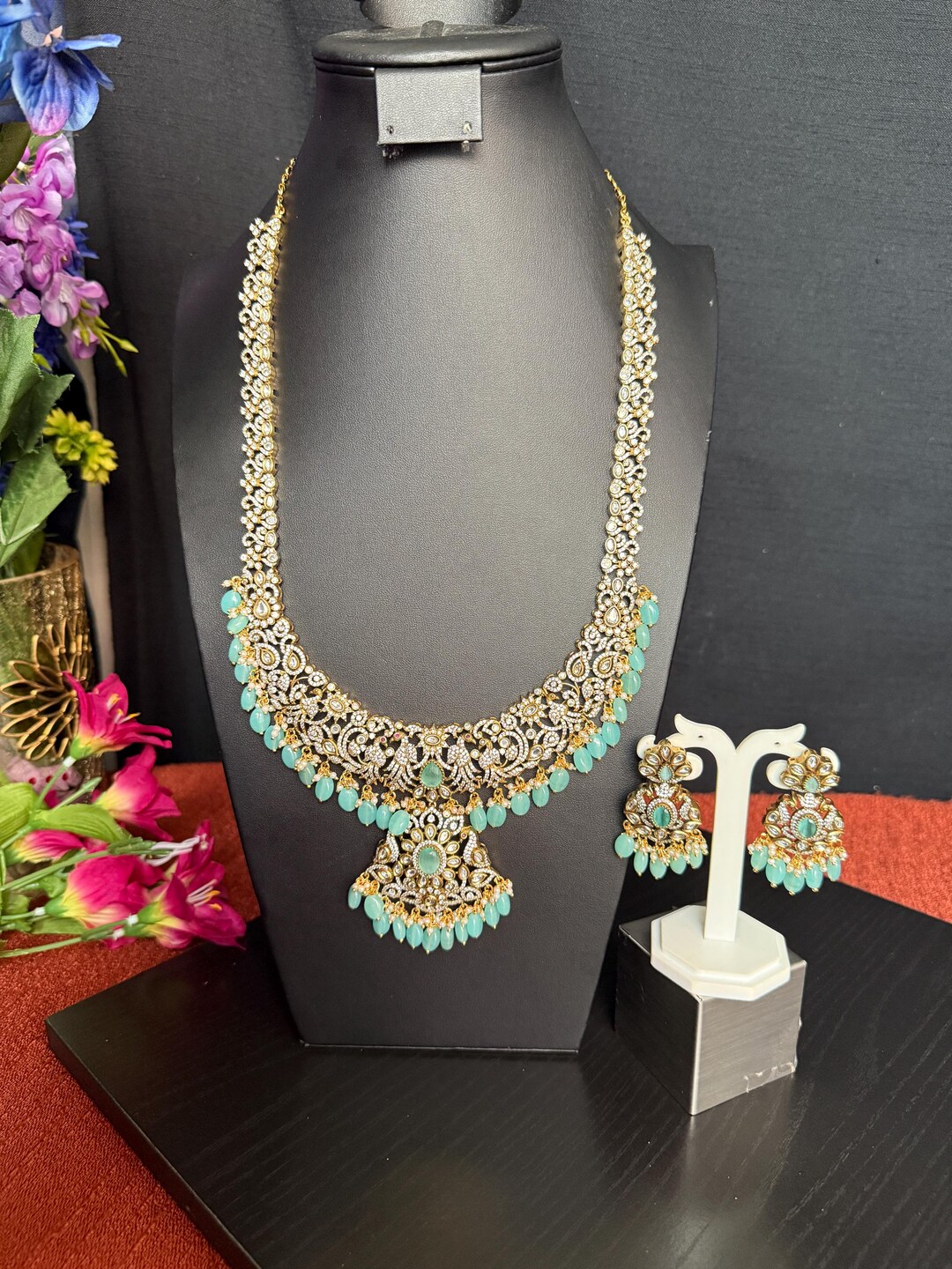 Victorian Kundan Haram Set: Mint Green & Blue Indian Jewelry - Etsy