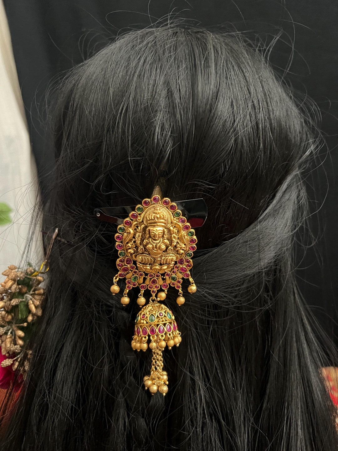 Lakshmi Hair Clip: Kemp Ruby, Antique Gold Indian Jada Billa - Etsy
