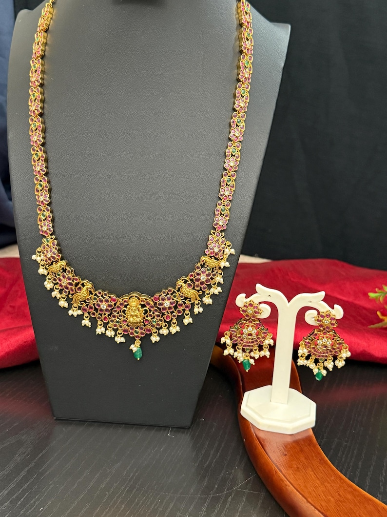 Kemp Ruby Goddess Lakshmi/traditional Long Haram With Earrings/antique ...