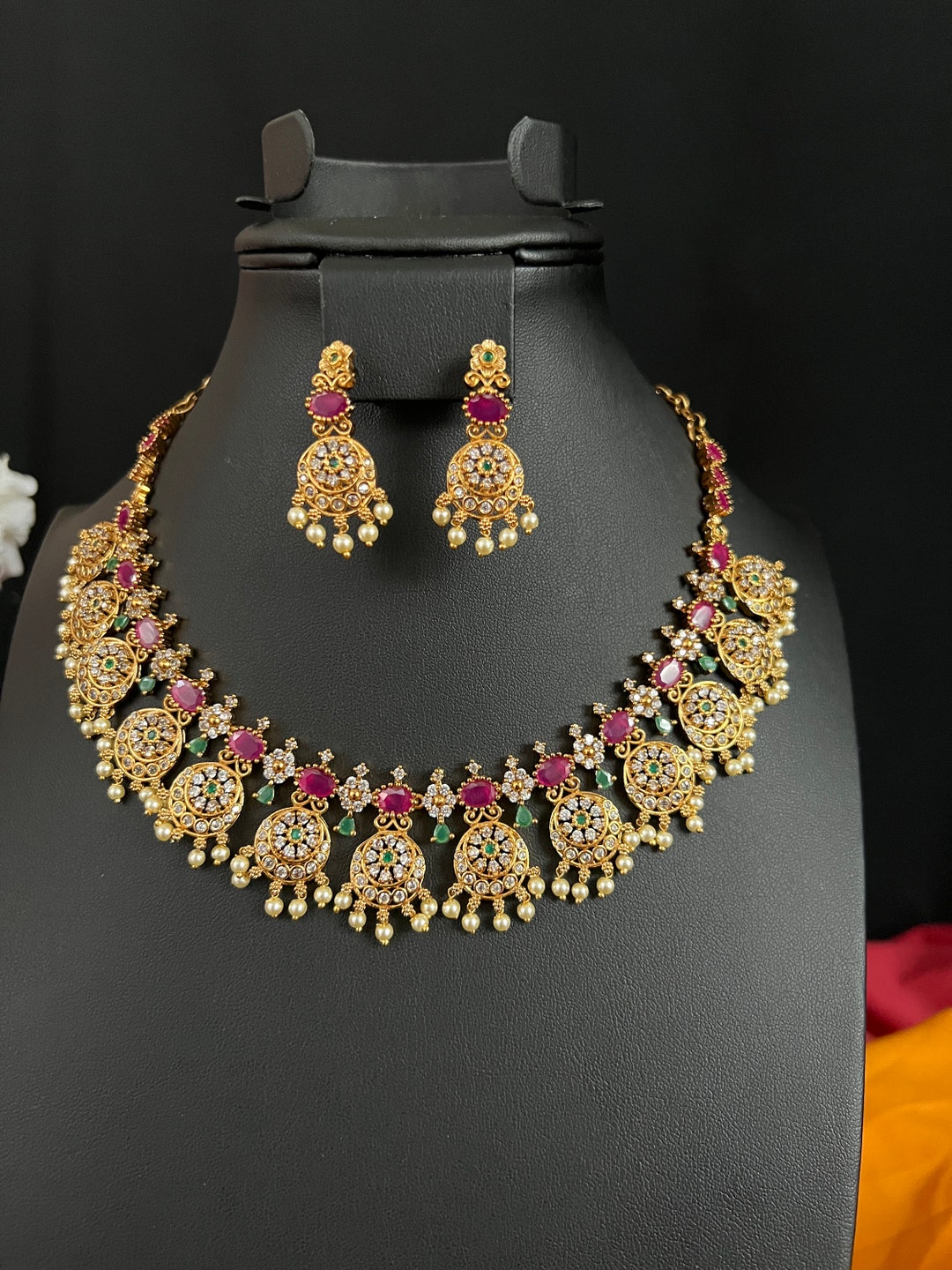 Ruby Emerald CZ Stones/neckless With Earring Set /gold Finish/small ...