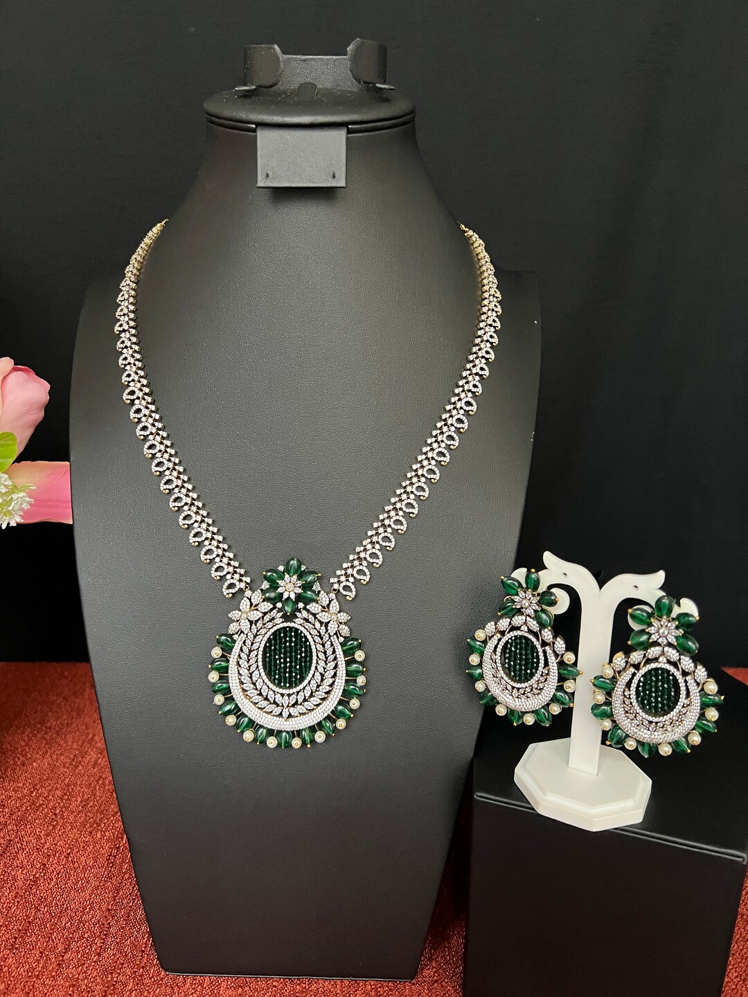 Victorian Haram Necklace Set: AD Stone Pendant, Green Beads, Mehndi ...