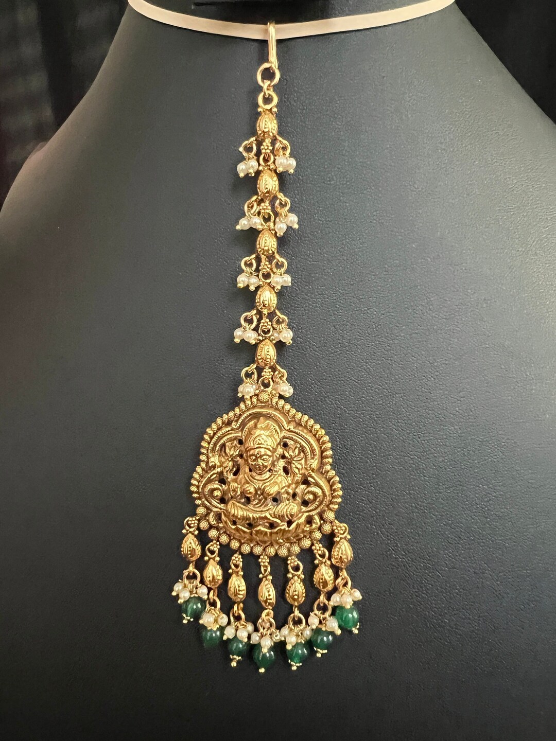 Maang Tikka Matti Antique Gold Finish/ Green Beads Drop /mangtikka ...
