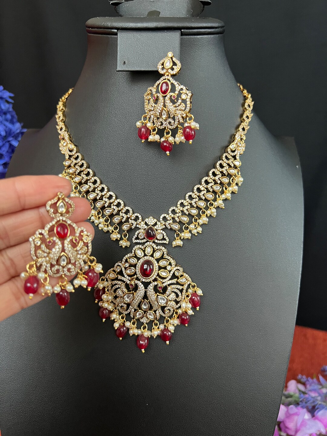 Victorian Maroon Beads Peacock Necklace Earrings/light Weight/kemp ...