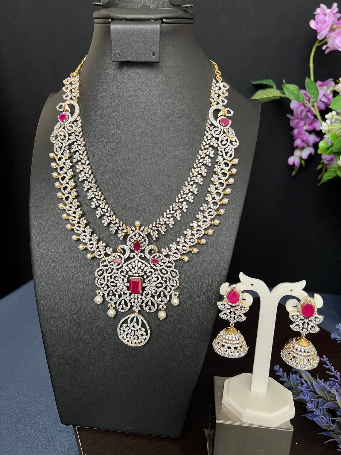 Ruby Pink AD Stone Haram Set: Gold Finish Indian Bridal Jewelry - Etsy