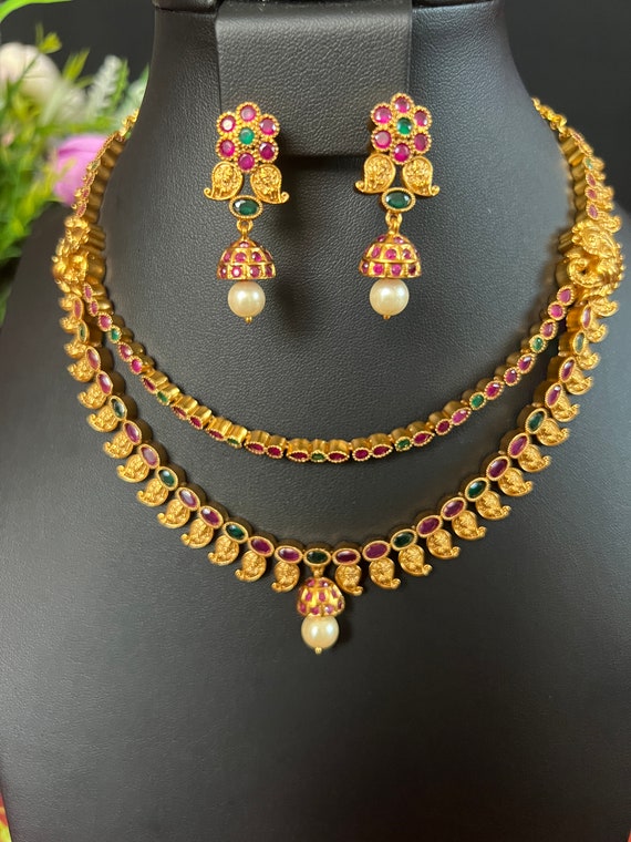 Ruby Pink Emerald Necklace with Earrings Antique Gold Finish Goddess Laxmi Devi on the Mongo Leaf with Peacock South Indian Jewelry Etsy