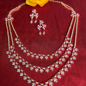 Two Tone AD Ruby Stone Designer 3-layer Long Haram Earring Set/gold ...