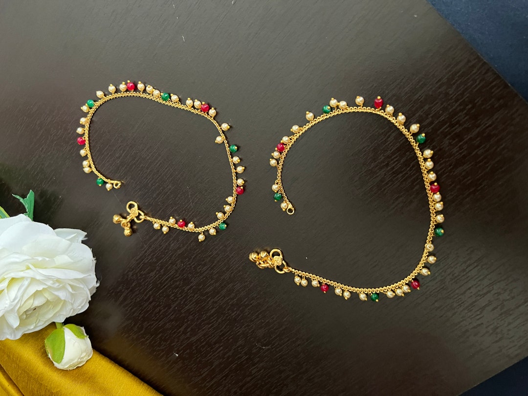Anklets Design Pattilu Gold Finish/red and Green Pearl Drop11. Inches ...