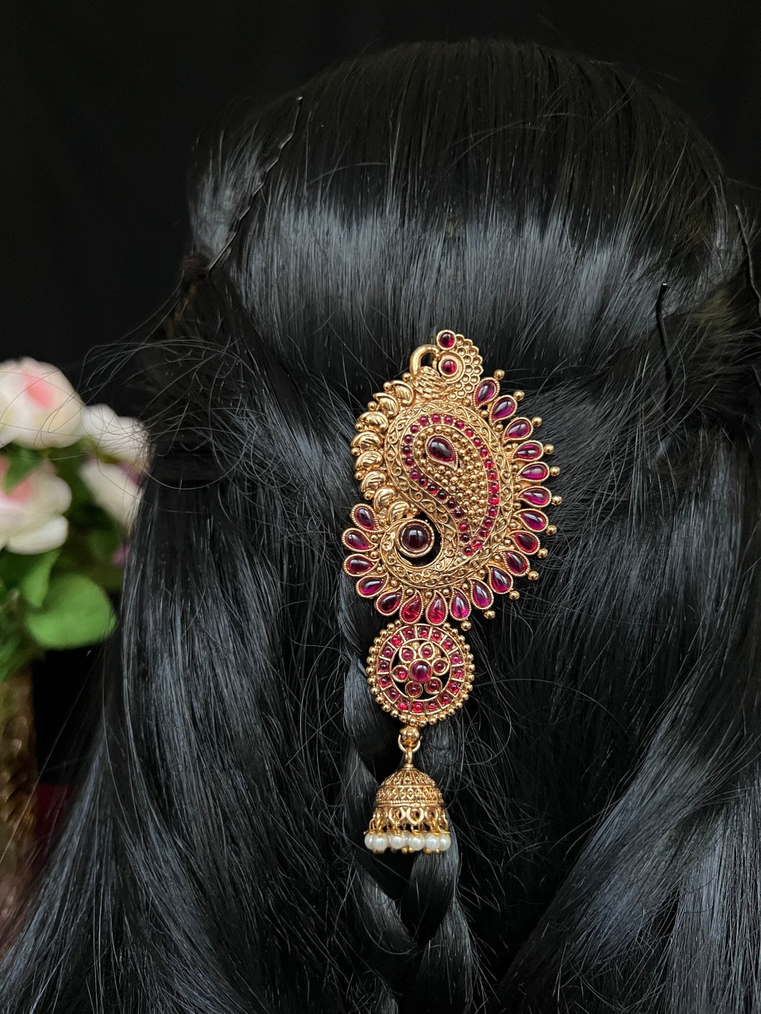 Kemp Ruby Hair Clip: Antique Gold Indian Jhumuka Pin (4 Inch) - Etsy