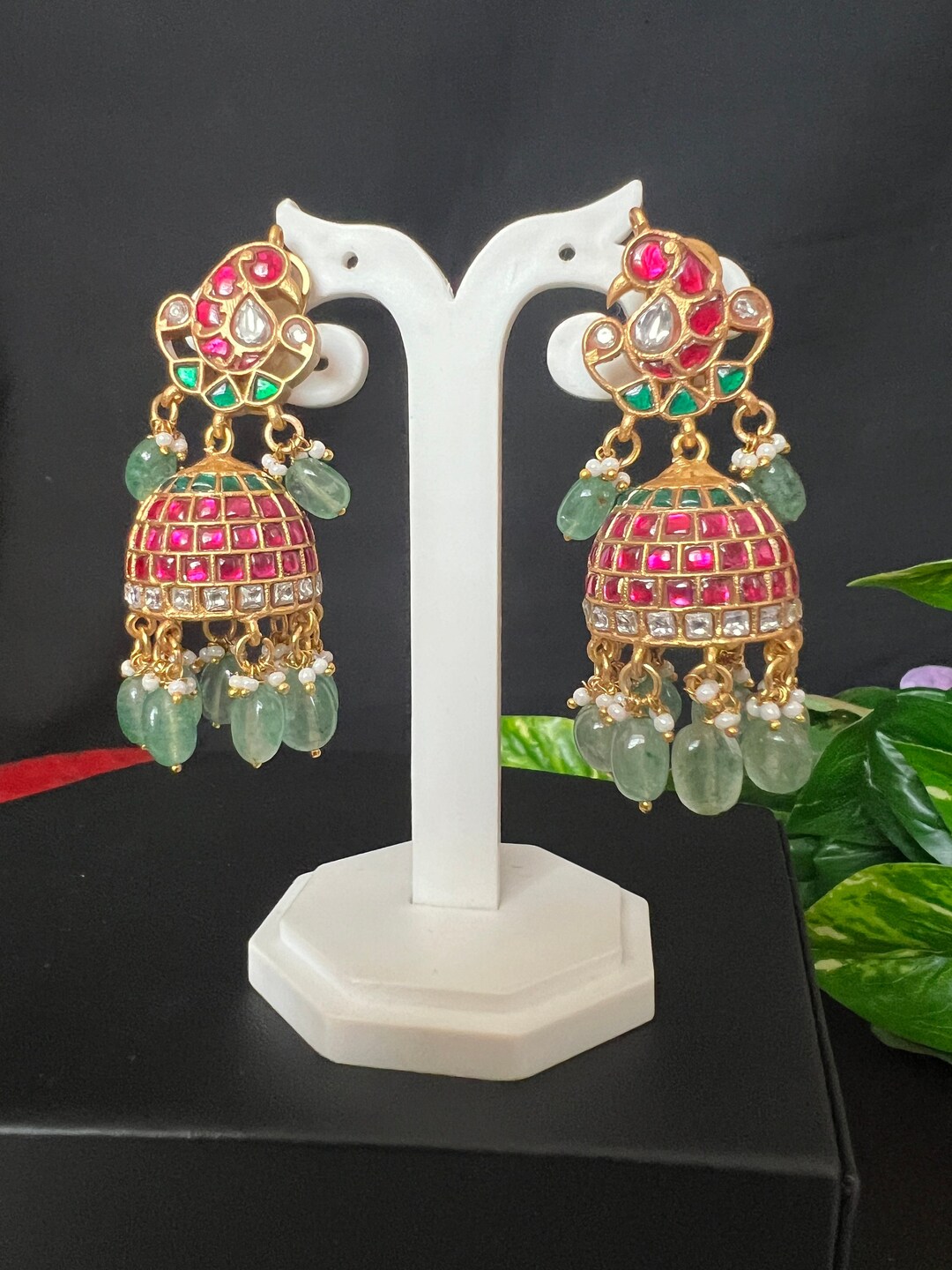 Jadau Kundan Ruby Pink Jhumuka Earrings Real Kemp Multi Stone Kundan/2 ...