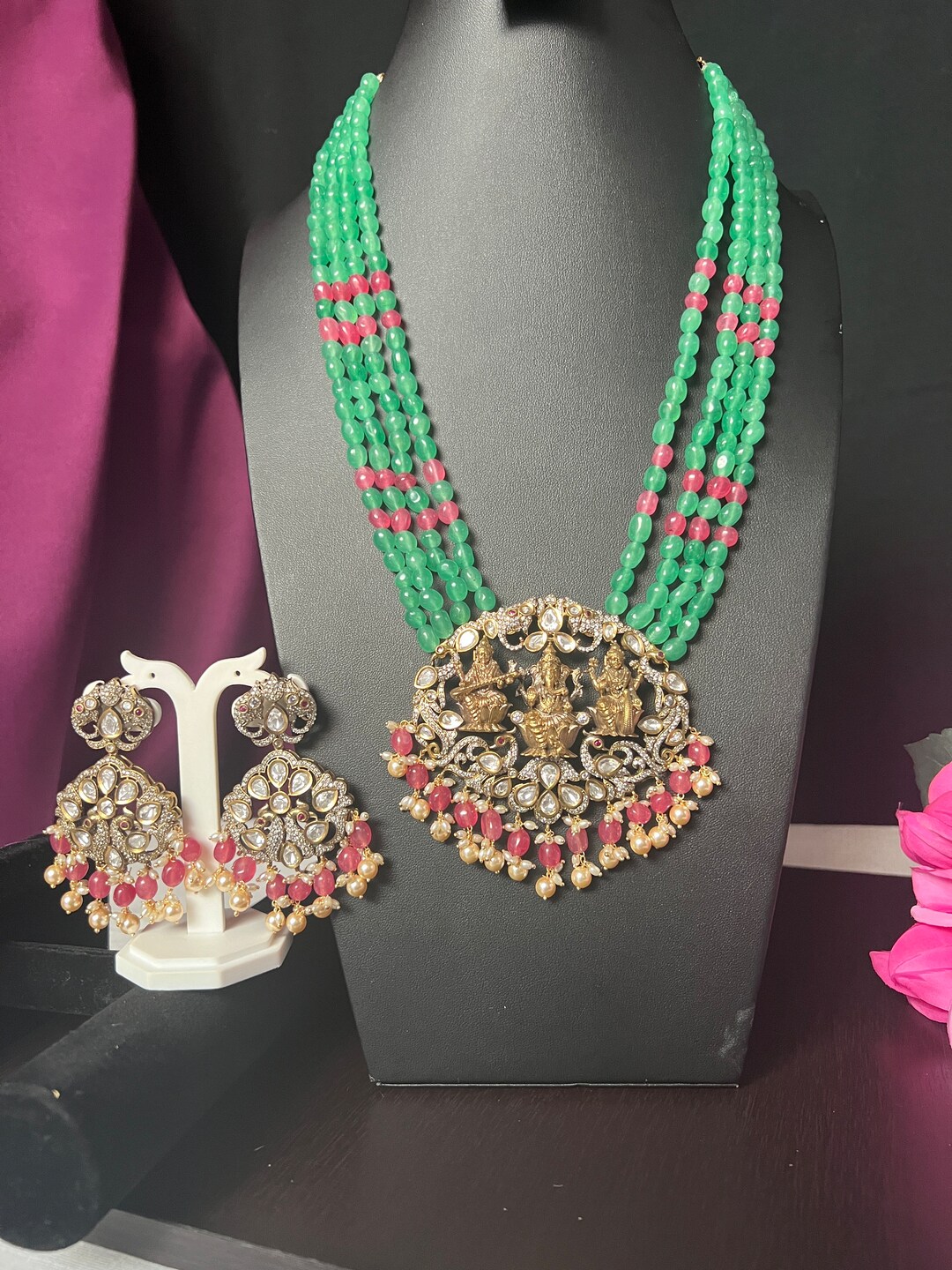 Temple Rani Haram Goddess Saraswati Lakshmi Ganesh Pendant Necklace ...